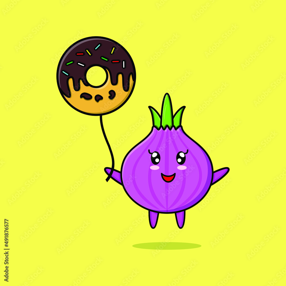 Cute cartoon onion floating with donuts balloon cartoon vector ...