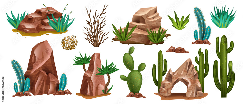 Desert rock set, vector canyon stone kit, wild west plants, environment ...