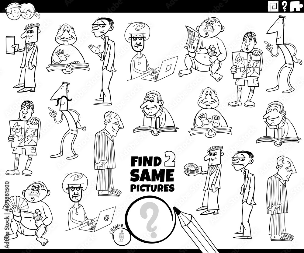 find two same cartoon men characters task coloring book page Stock ...