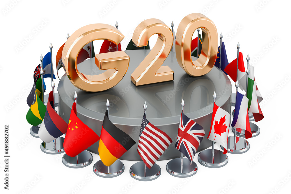 G20 meeting concept, flags of all members G20. 3D rendering Stock ...