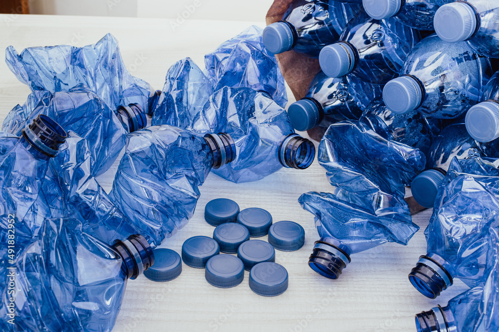 Blue plastic bottles. Recycling concept and World Environment Day Stock ...