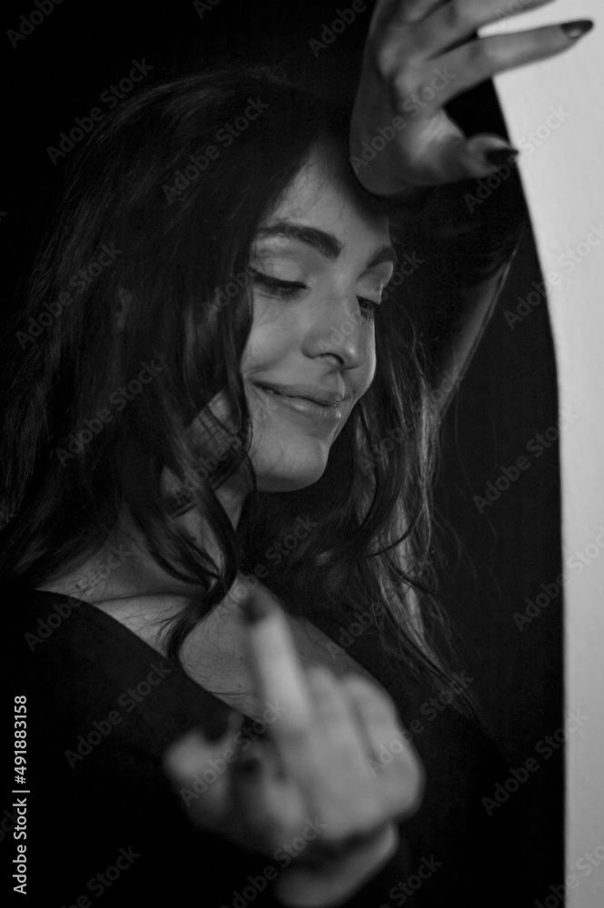 Black and white portrait of a beautiful young Italian woman with very ...