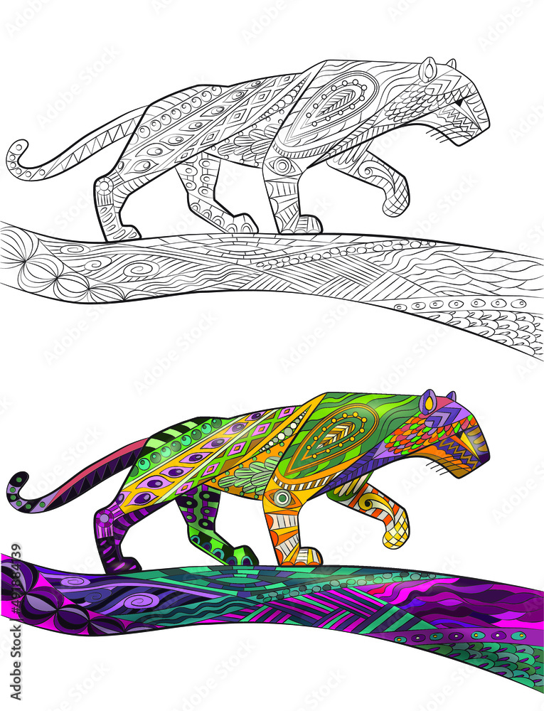 Zentangle panther. Colored and white-black prowling wildcat in vector ...