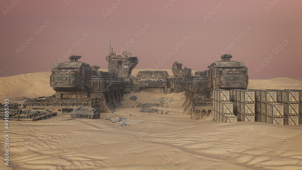 Abandoned alien outpost in a desert landscape. Sci-Fi fantasy concept ...