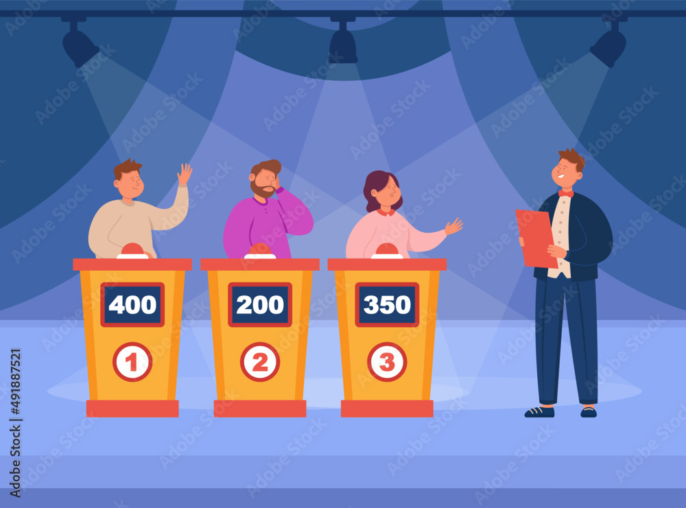 People playing quiz game on TV show flat vector illustration. Male and ...