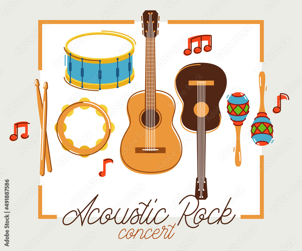 Acoustic music instruments poster vector flat illustration isolated on ...