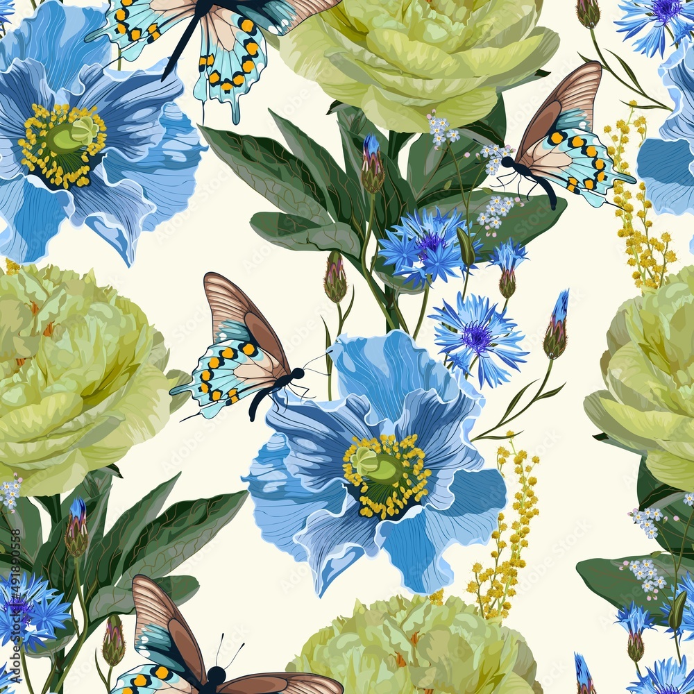 Seamless pattern with yellow blue flowers of traditional Ukraine colors ...