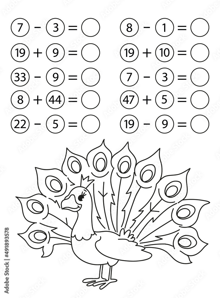 Children's math game, subtraction and addition of numbers. Coloring ...