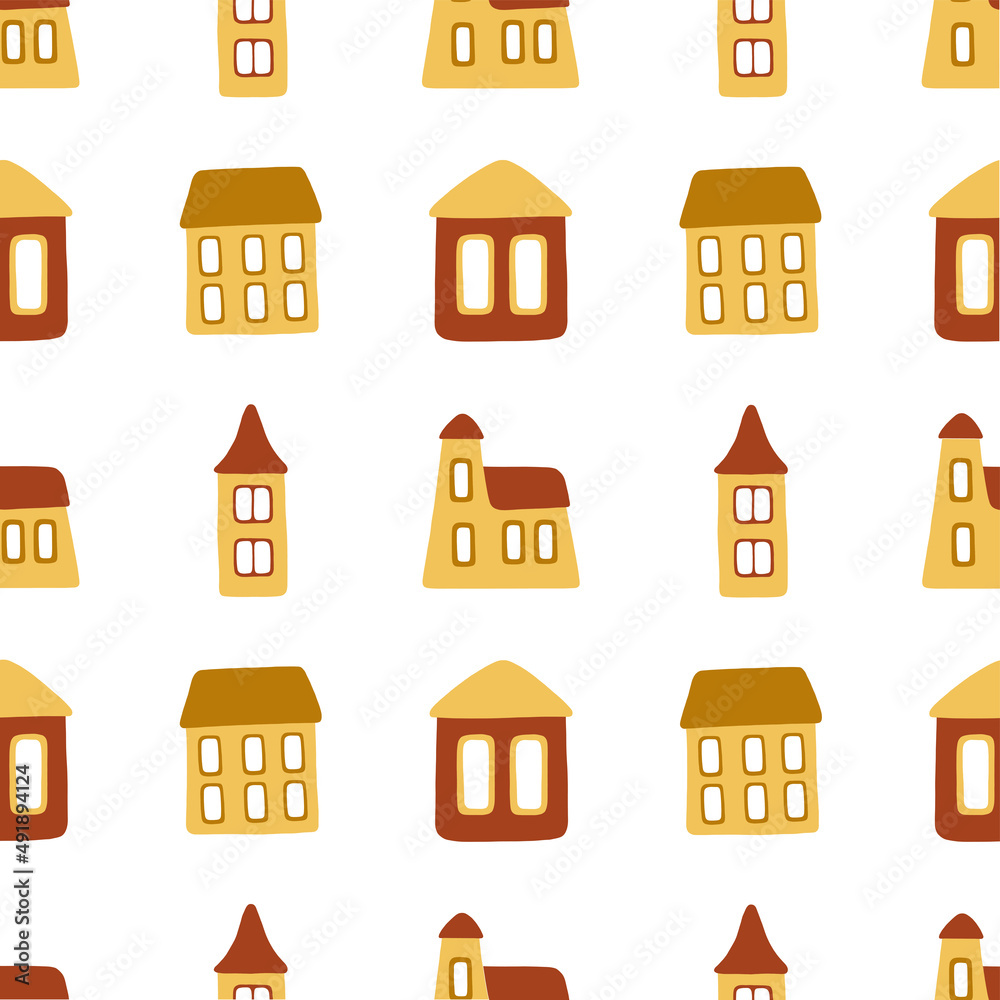Vector seamless pattern with small cartoon houses on white background ...