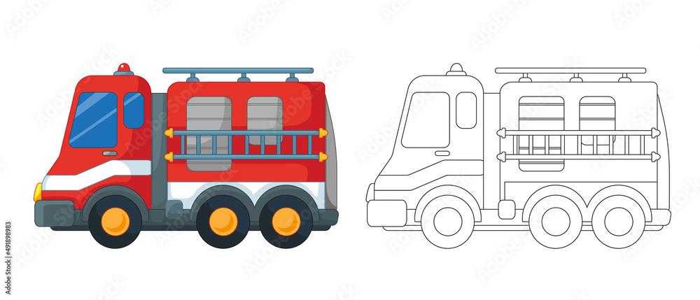 Red fire truck with outline and coloring book set. Vector illustration ...