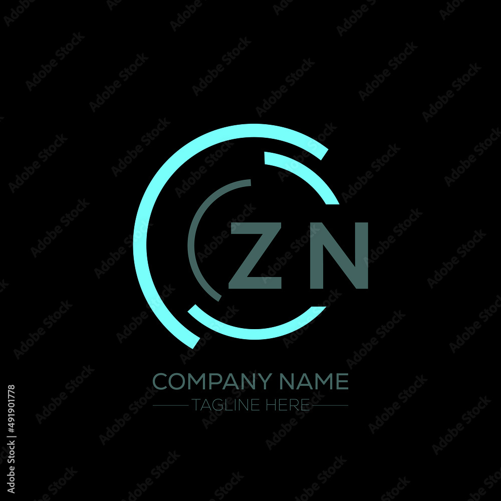 ZN logo monogram isolated on circle element design template, ZN letter logo design on black ...