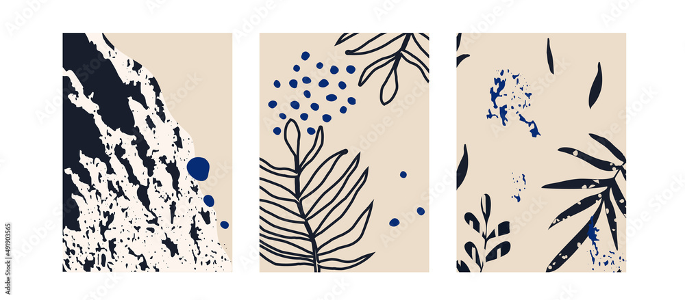 Minimal tree botanical posters set with branches and leaves vector ...