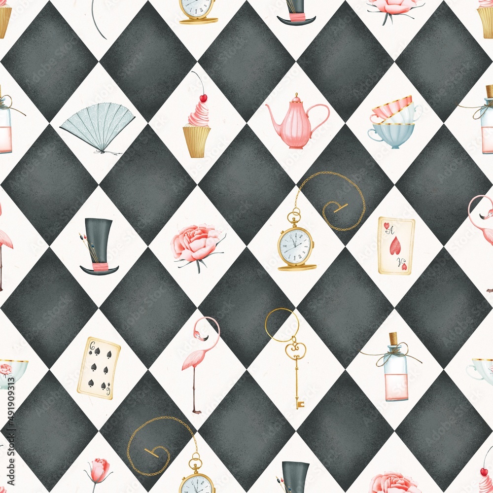 Alice in wonderland seamless pattern on a background of black and white ...