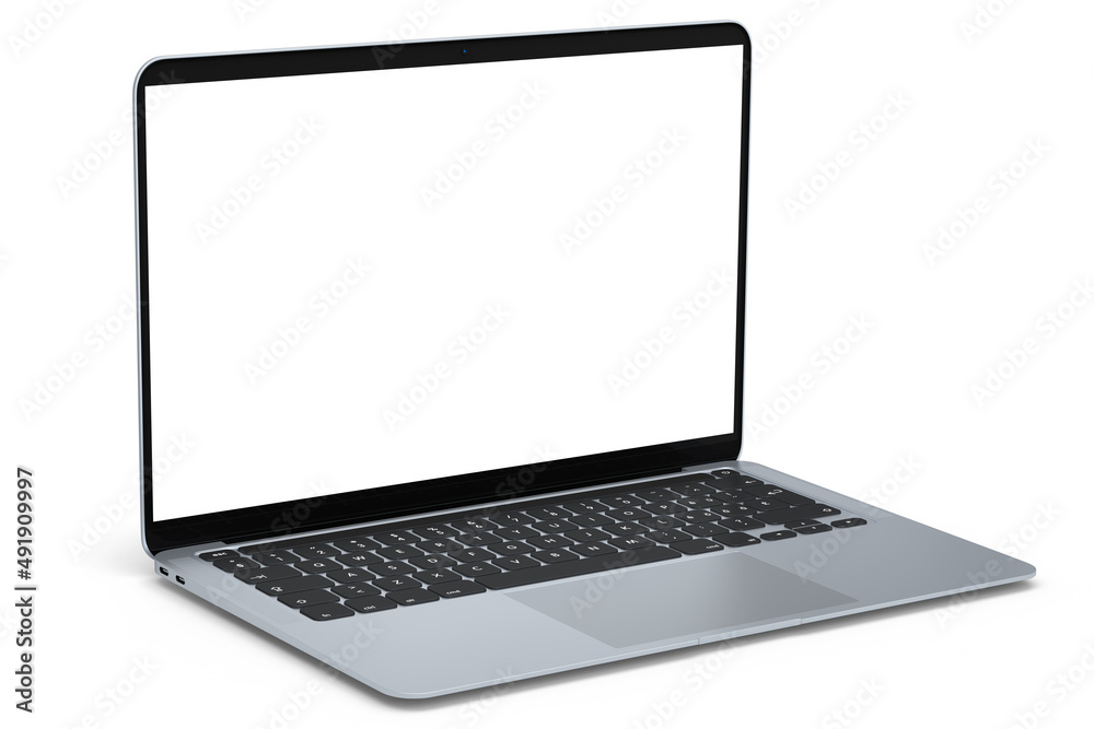 Realistic aluminum laptop with empty white screen isolated on white ...