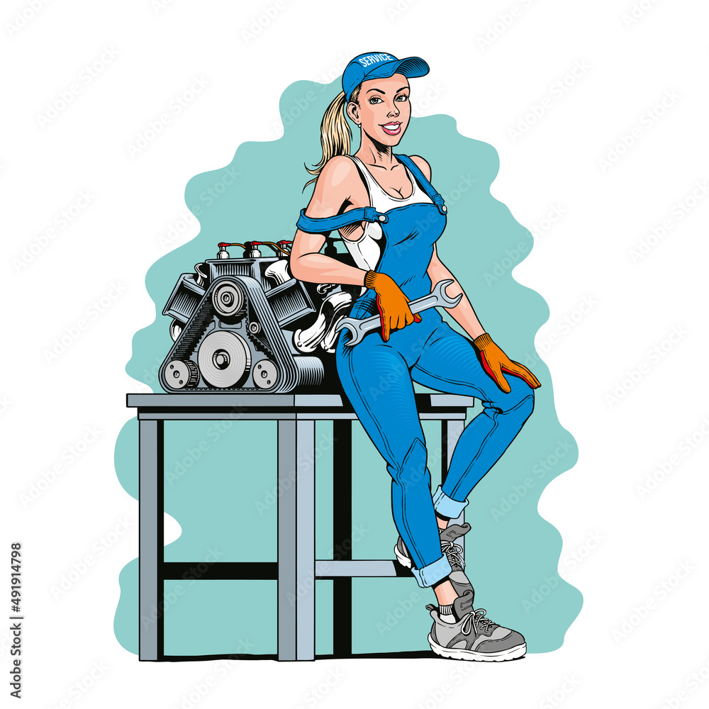 Beautiful young pin up woman working to repair the car engine in the ...