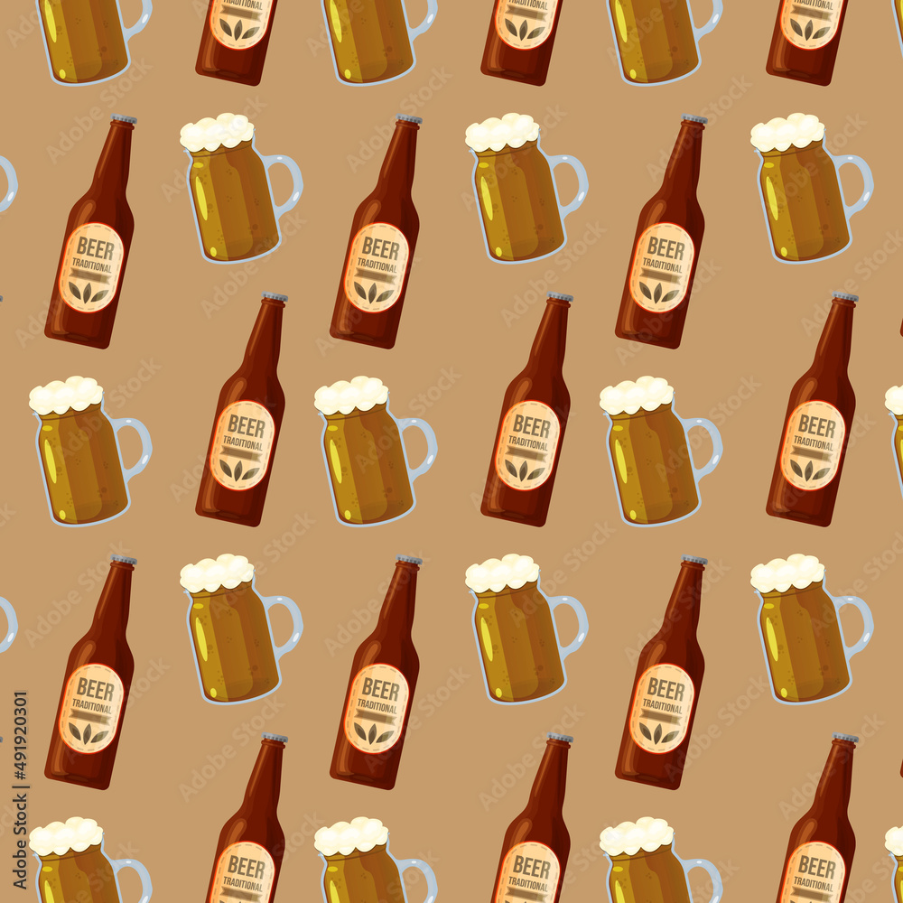 Seamless background beer bottle and jar concept illustration drink and ...