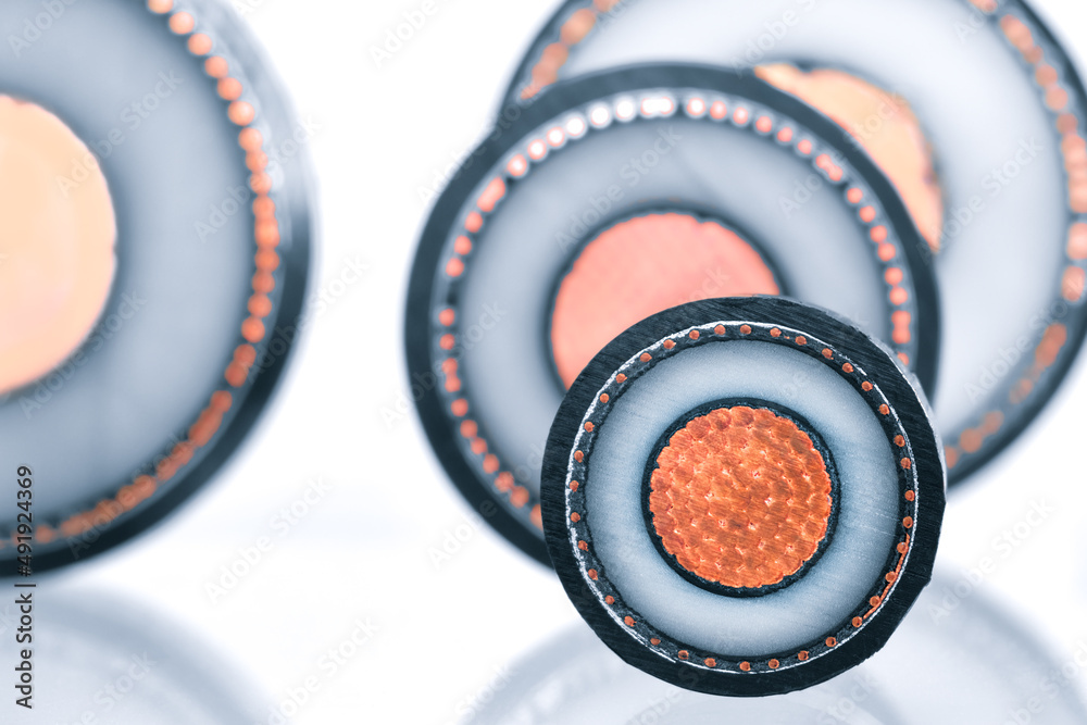 Cross section of high-voltage cable, polymer insulation. Close-up of ...