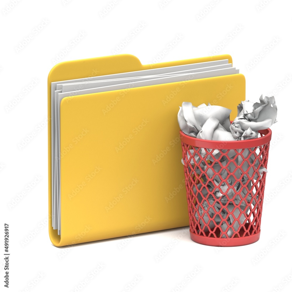 Yellow folder icon Full recycle bin 3D Stock Illustration | Adobe Stock