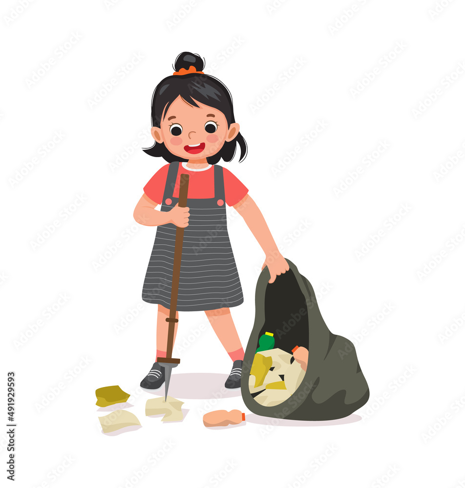 Happy little girl collecting plastic bottles and papers waste with ...