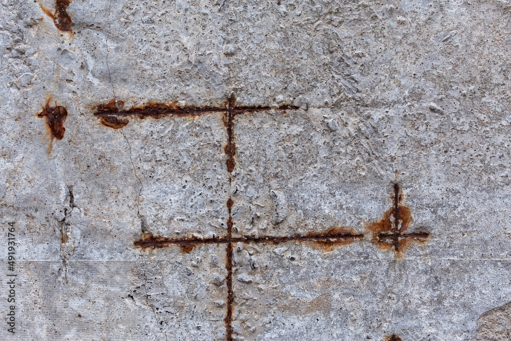 Macro fragment of an old gray concrete wall with rusty rebar. Material ...