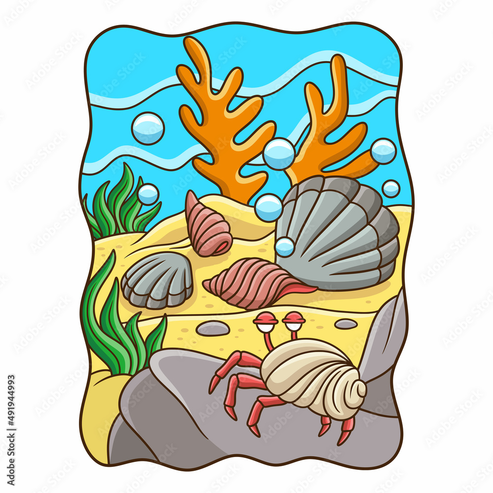 cartoon illustration sea shells are walking over coral reefs to deeper ...