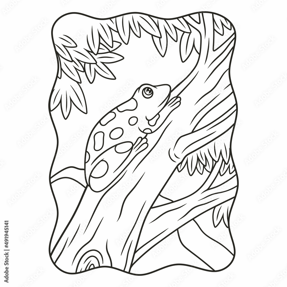 cartoon illustration a frog that is climbing a big tree in a crouched ...