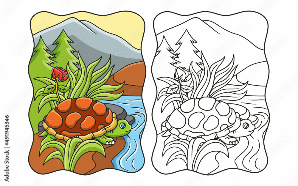 cartoon illustration The turtle is on the bank of the river and getting ...