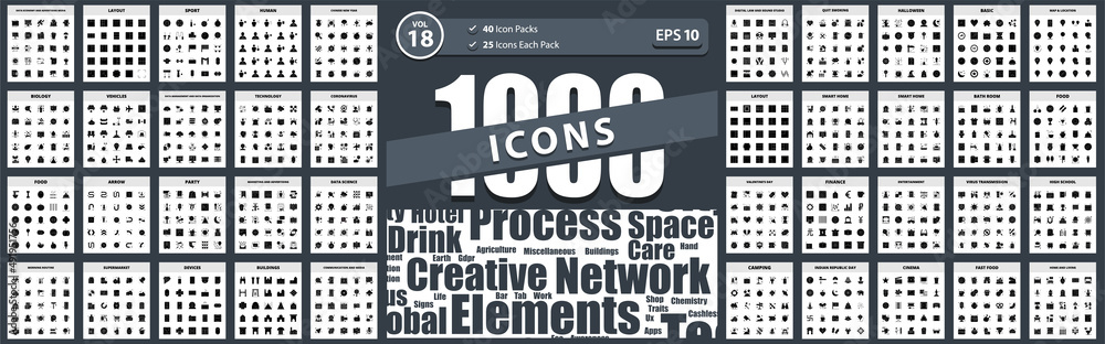 1000 Icon Pack food, technology, bath room, data management and data organization, biology ...