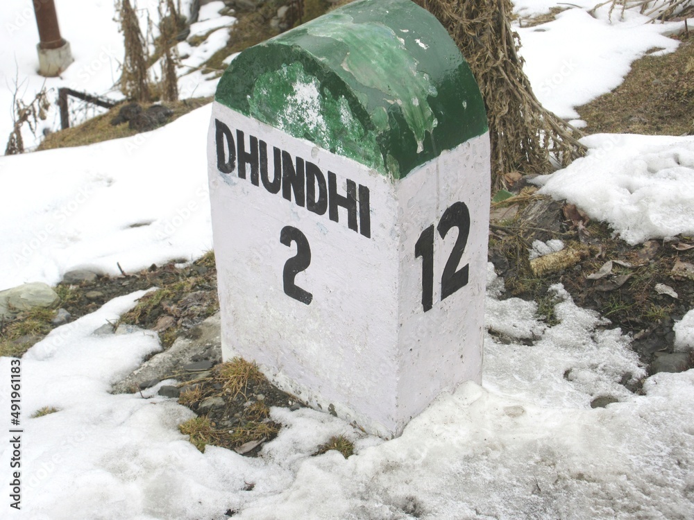 Dhundhi 2km ahead stone sign board Himachal Pradesh At a distance of 28 ...