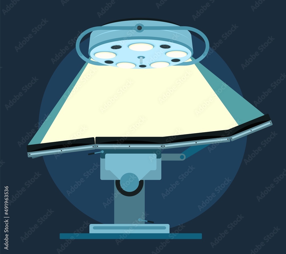 Surgeons table. With glowing lights on top. Medical operating equipment ...
