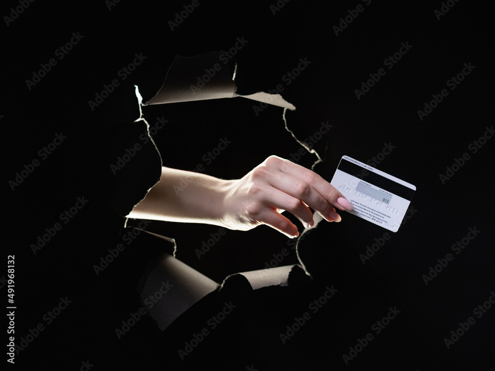 Bank scam. Financial fraud. Personal data verification. Female hand ...