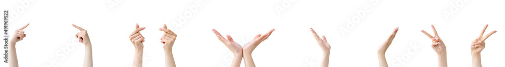Hand gesture collage. Advertising collection. Female fingers pointing ...