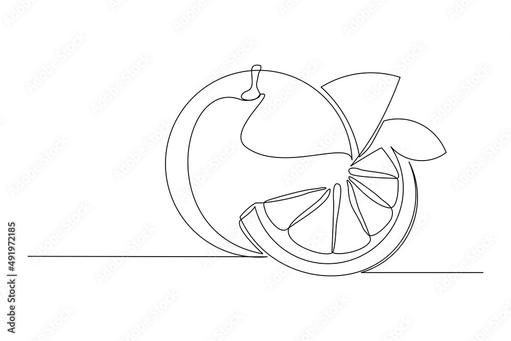 Continuous single one line drawing of orange tangerine summer fresh ...