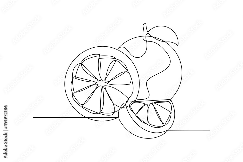 Continuous single one line drawing of orange tangerine summer fresh ...