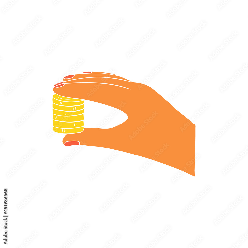 Coin stack in hand icon. Gold change, money squeezed in fingers. Cash ...