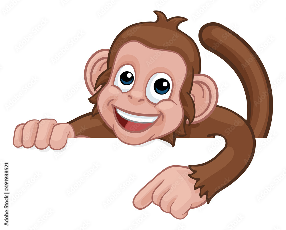 Monkey Cartoon Character Animal Pointing At Sign Stock Vector | Adobe Stock