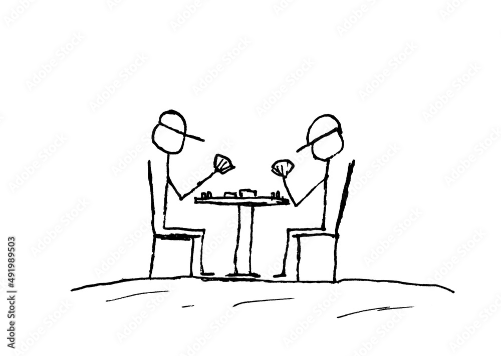 two stick figure construction workers sit at a table and play a card ...
