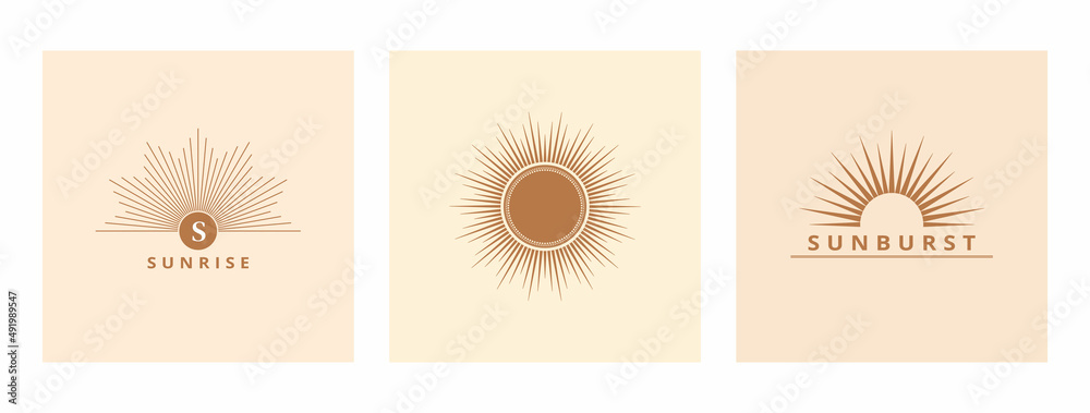 Hand drawn logo of Sun, sunburst, light rays in line art. Bohemian ...