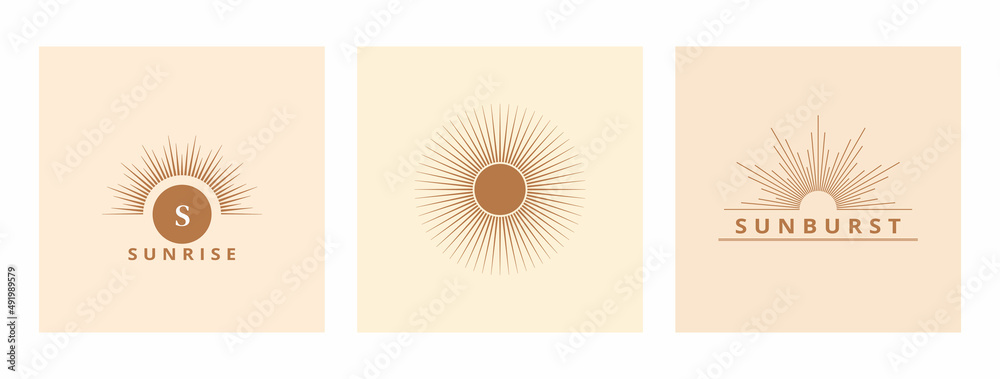 Hand drawn logo of Sun, sunburst, light rays in line art. Bohemian ...