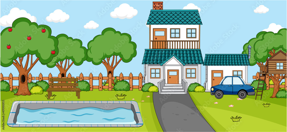 Outdoor scene with doodle house cartoon Stock Vector | Adobe Stock