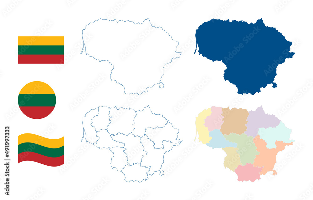 Lithuania map. Detailed blue outline and silhouette. Administrative ...