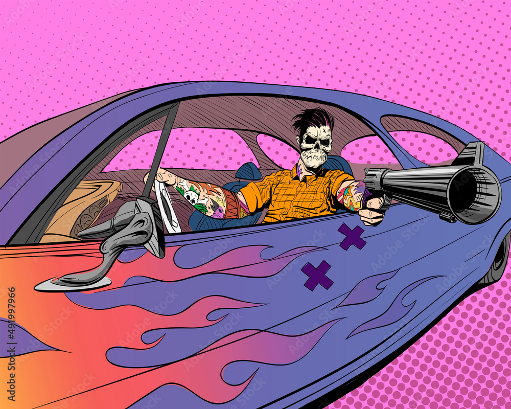 Gangster with a skull face with a gun sitting in the car. Pop art ...