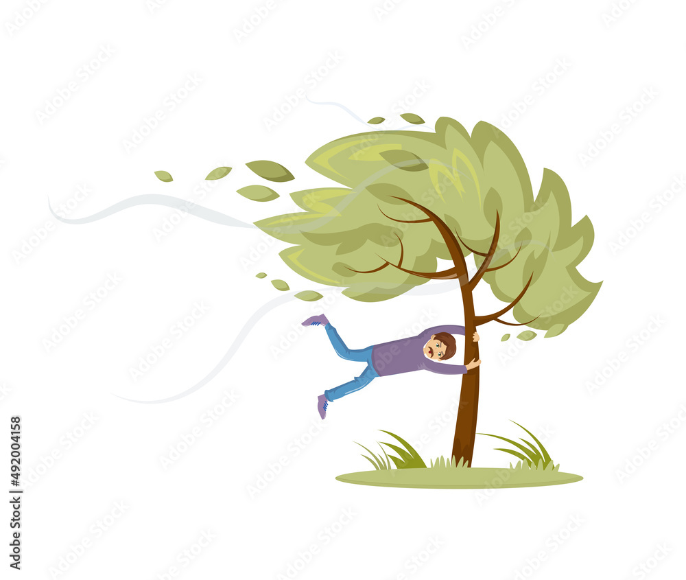 Natural disasters, severe weather conditions hurricane, rain. Girl ...