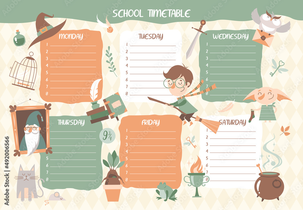 School timetable with cartoon magical and witchcraft elements and ...