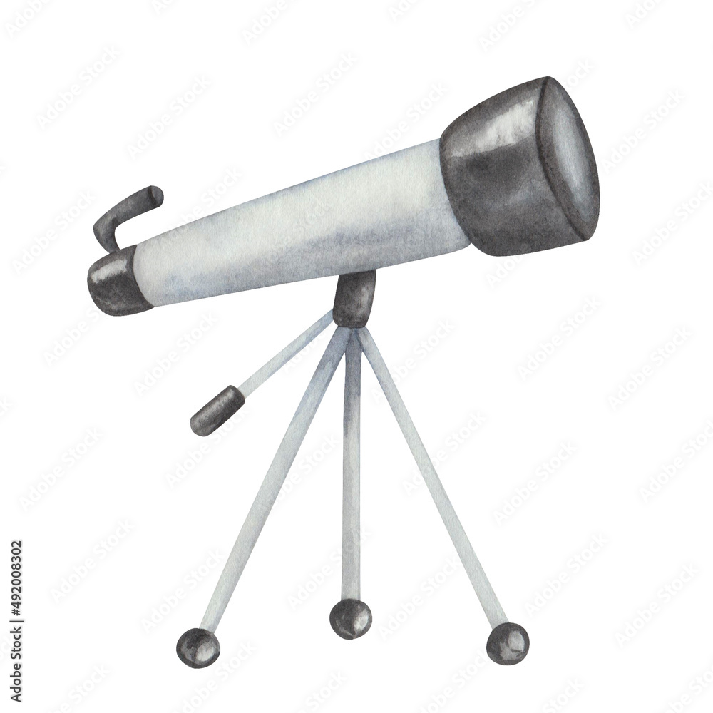 Watercolor illustration of hand painted telescope in grey, black colors ...