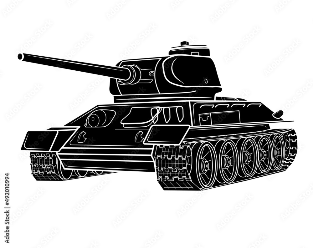 Black silhouette. Realistic military tank in isolate on white ...