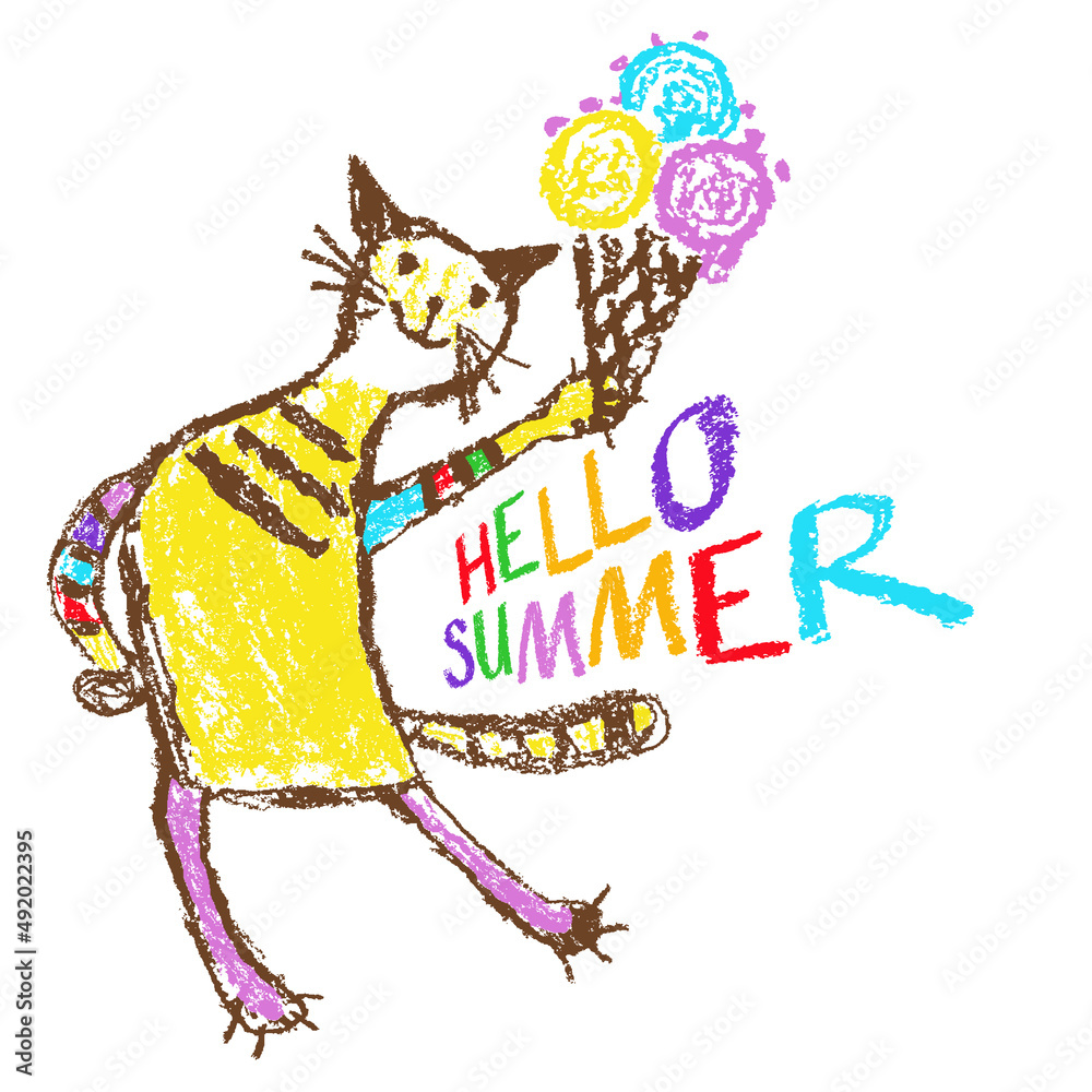 Funny tabby doodle cat in dress and ice cream. Cartoon crayon like ...