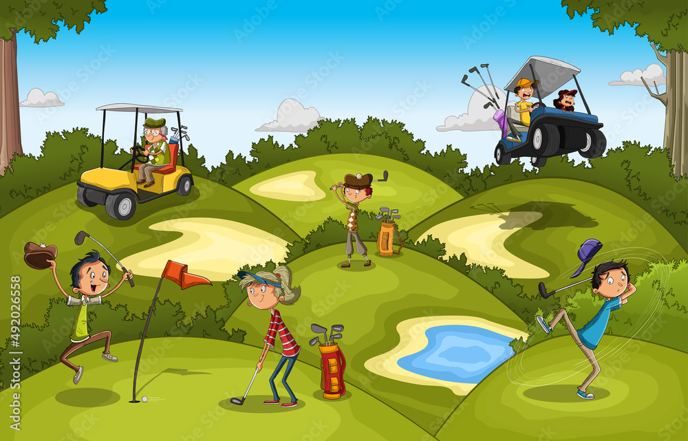 Cartoon people playing golf. Golf course with people having fun. Stock ...
