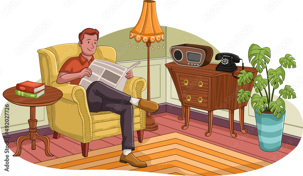 Cartoon man reading newspaper in the living room. Vintage house. Stock ...