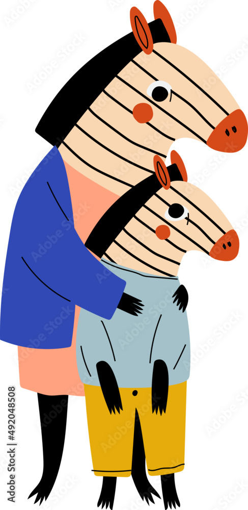 Zebra Animal Parent Humanized Character Standing with Its Kid Embracing ...